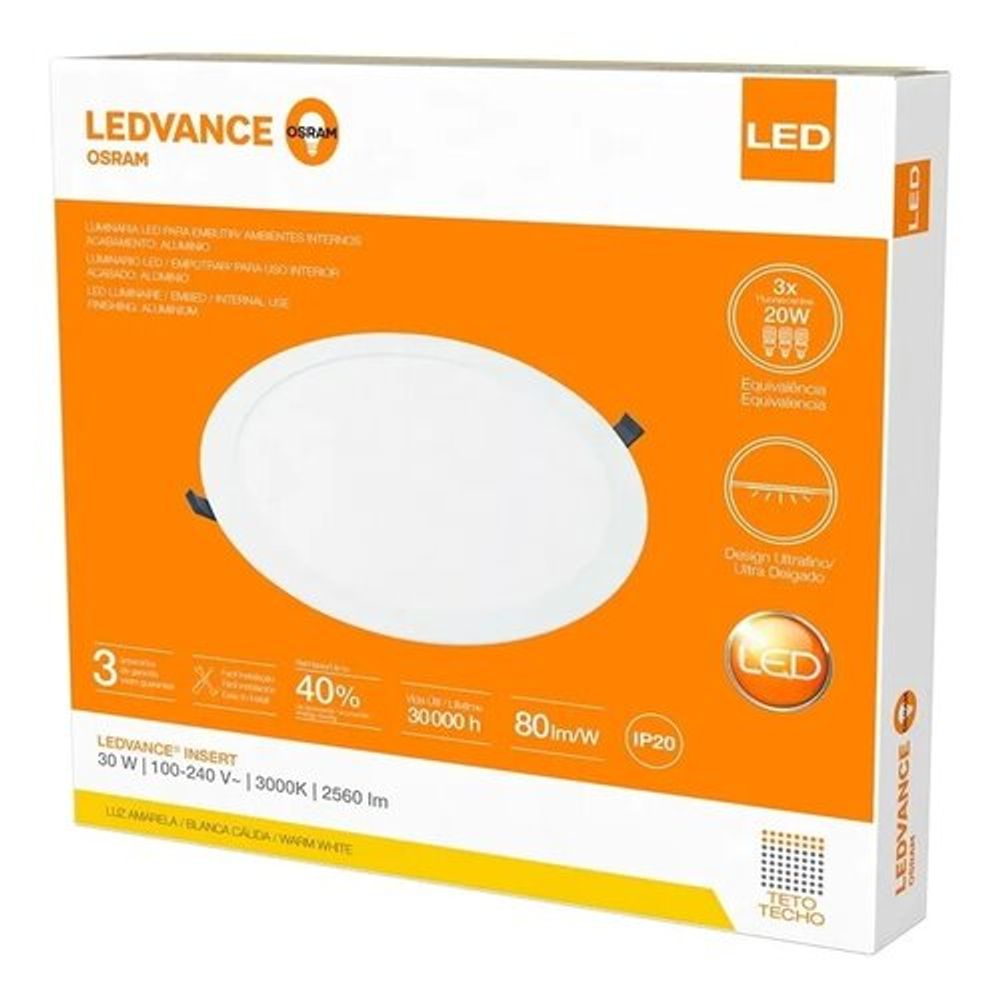Painel Plafon Luminária Led redondo Embutir Insert 30w 3000k Branco ...