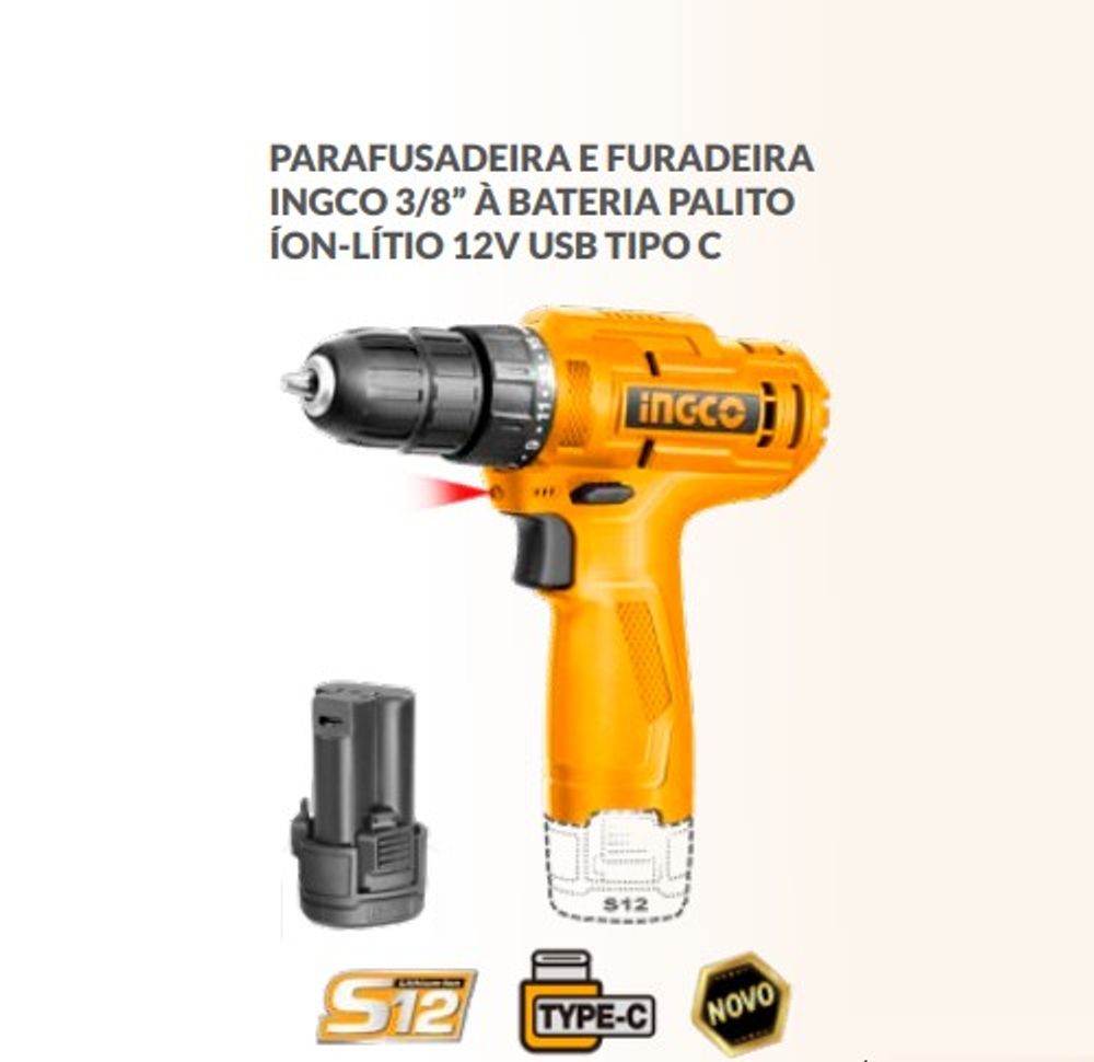 Furadeira e Parafusadeira 3/8 Com 1 Bateria12V USB-C Sem Carregador ...