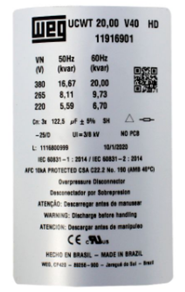 Capacitor Trifásico 20KVAR 380V UCWT 20V 40 Q26